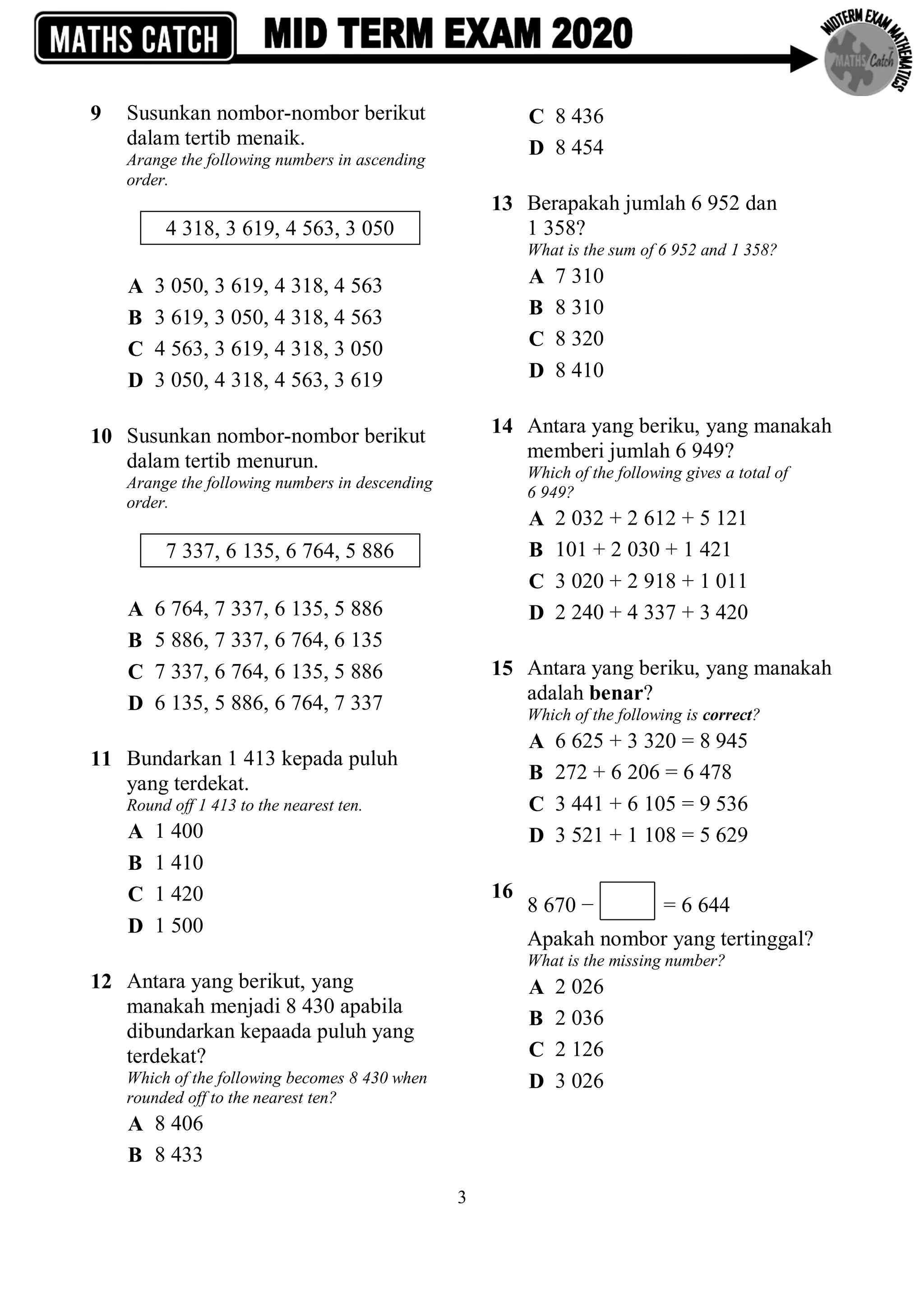 Soalan mid term darjah 3 matematik | PDF