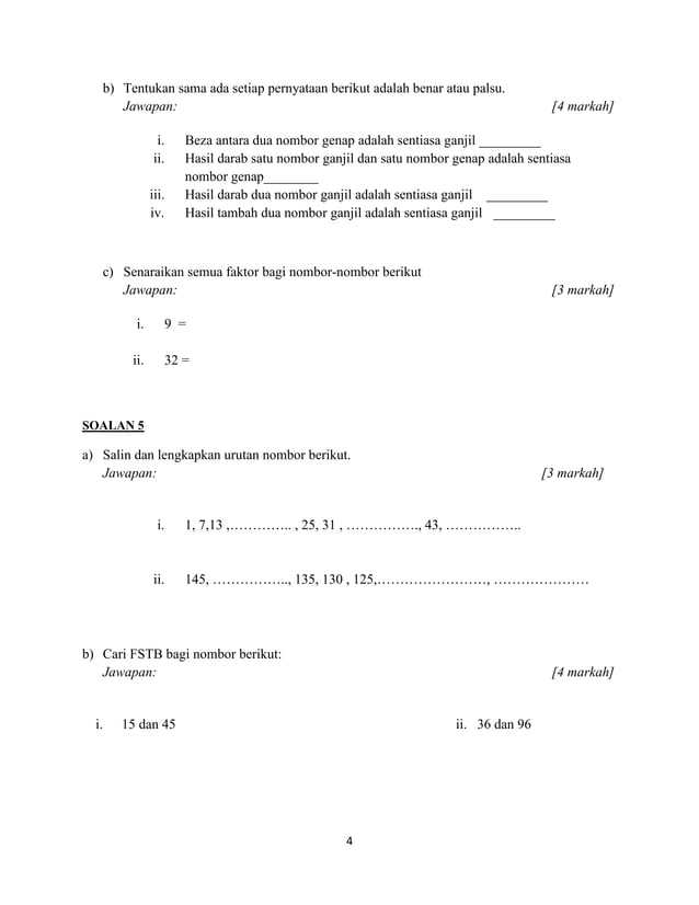Soalan peperiksaan pertengahan tahun matematik tingkatan 1 | PDF