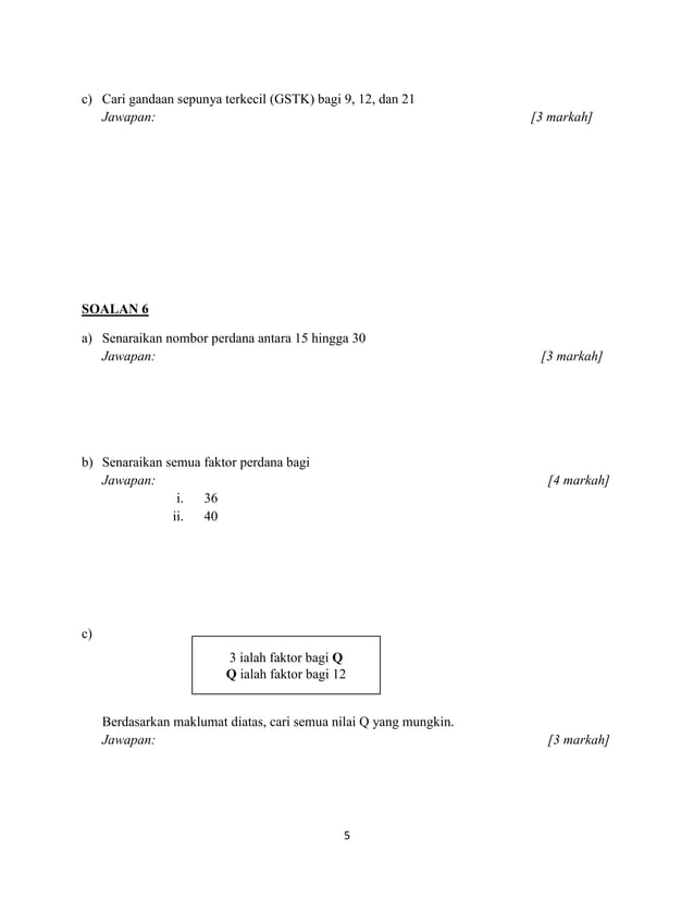 Soalan peperiksaan pertengahan tahun matematik tingkatan 1 | PDF