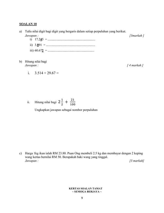 Soalan peperiksaan pertengahan tahun matematik tingkatan 1 | PDF