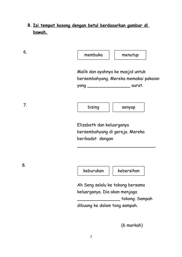 Soalan moral tahun 2 | PDF