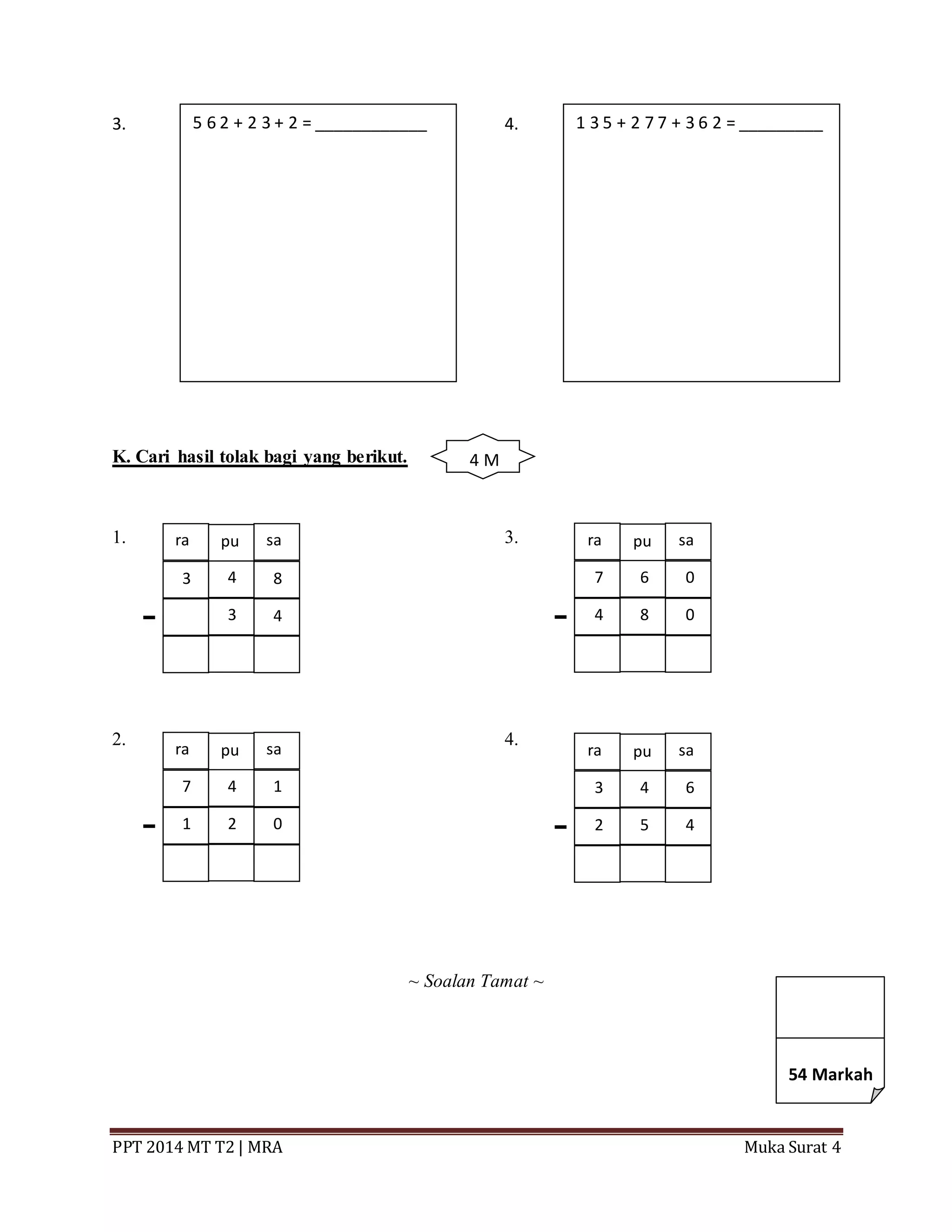 Soalan matematik tahun 2 kssr | DOCX