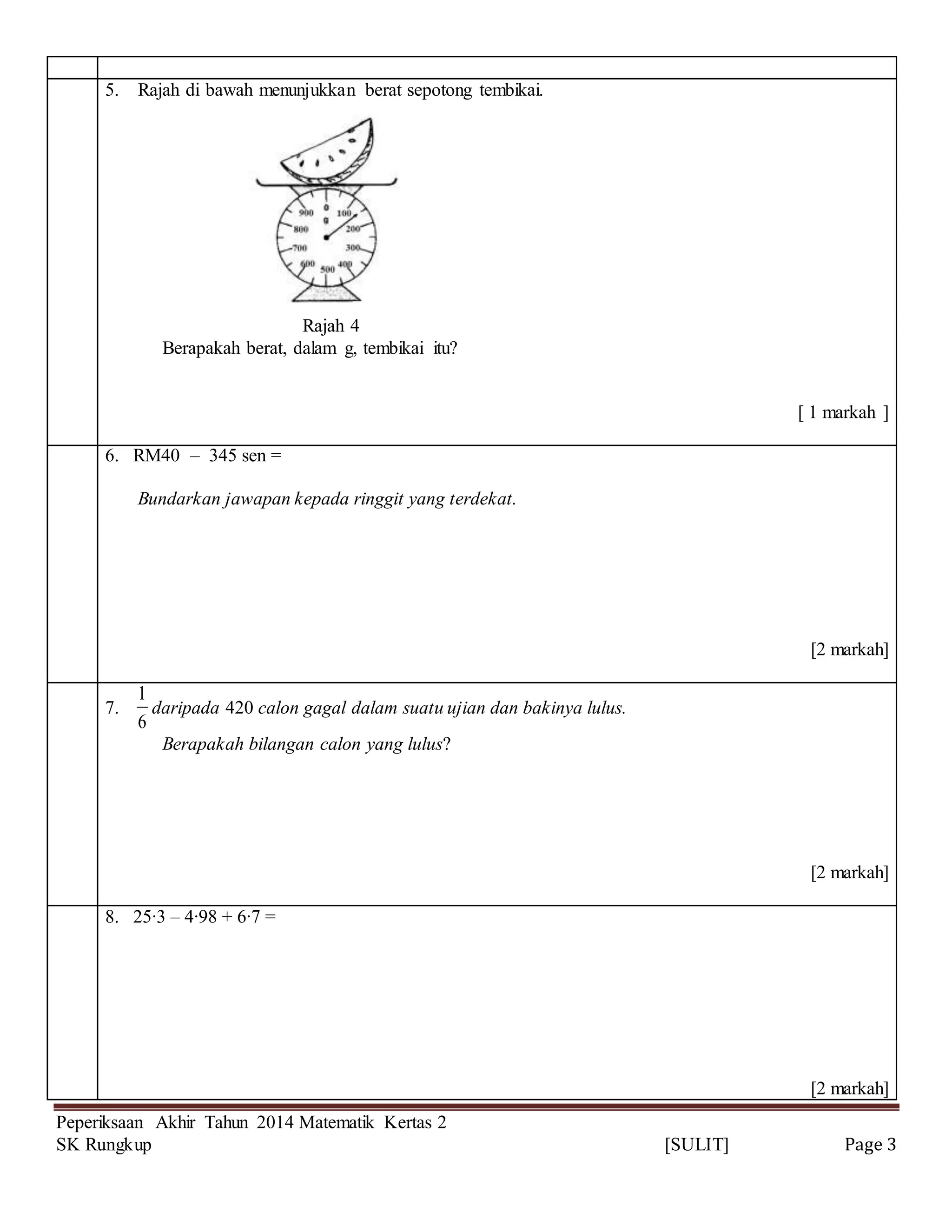 Soalan pat 2014 math tahun 5 kertas 2 | DOCX