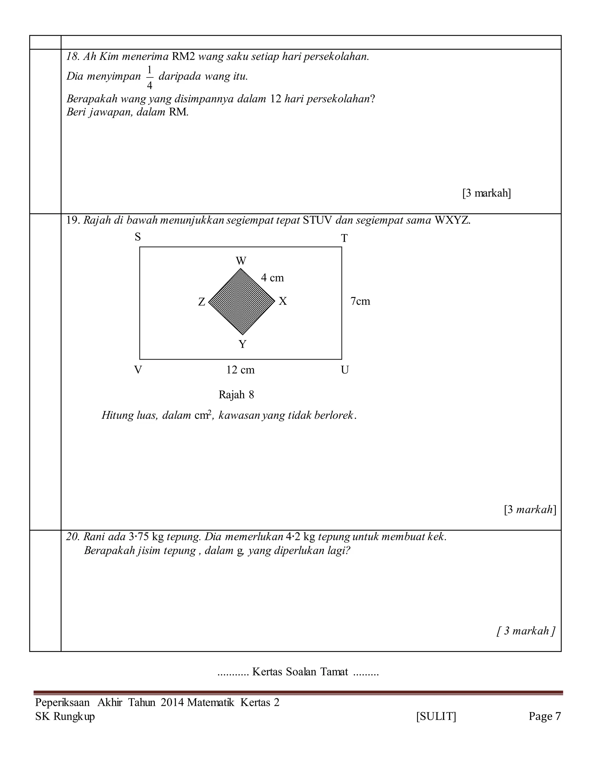 Soalan pat 2014 math tahun 5 kertas 2 | DOCX