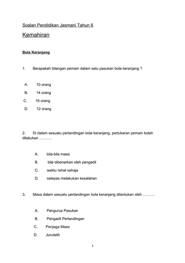 Soalan pendidikan jasmani tahun 6 | DOC