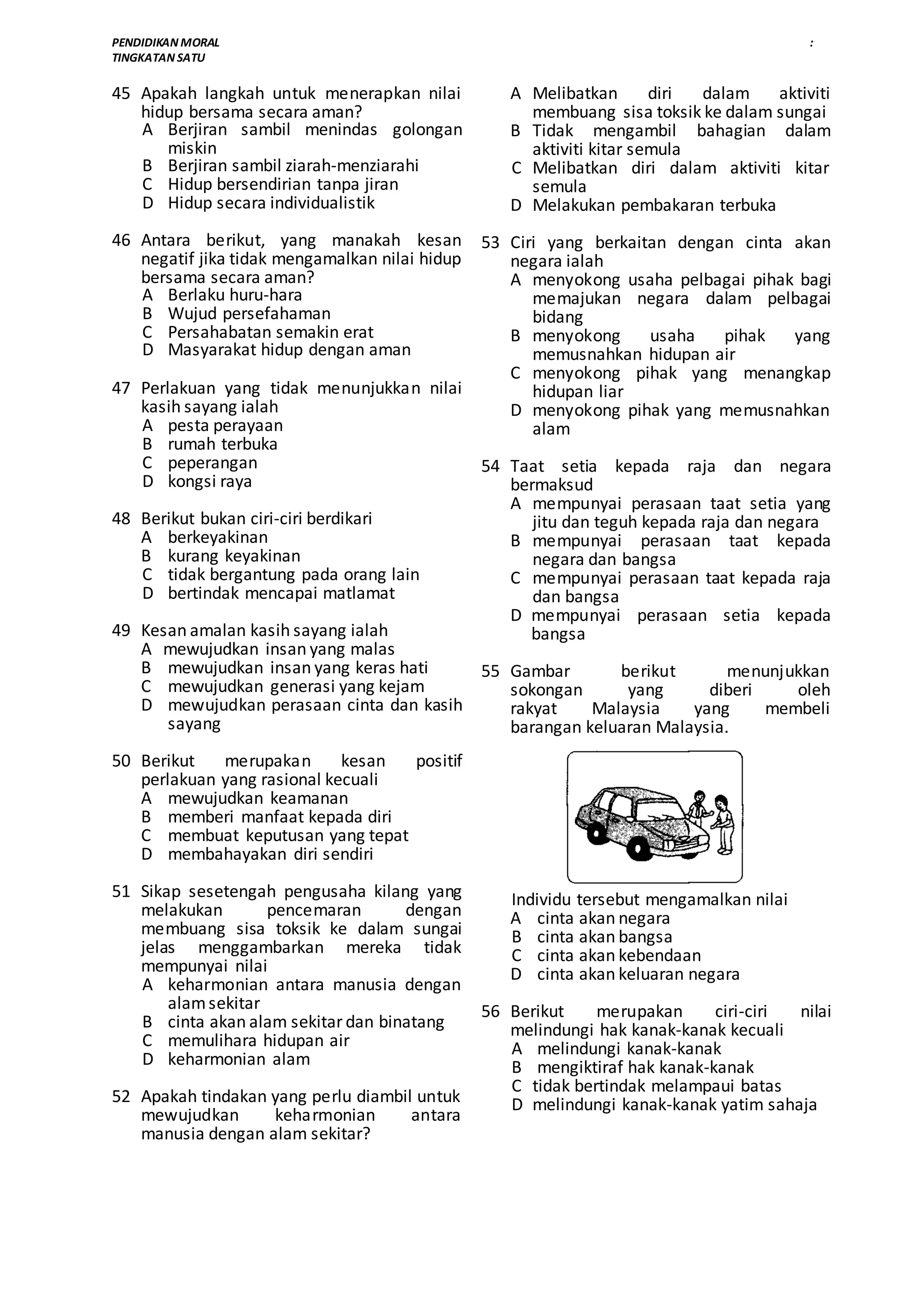 Soalan pendidkan moral tingkatan 1 | DOCX