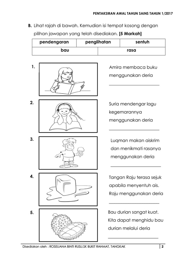 Soalan Sains Tahun 1 (Awal Tahun 2017) | PDF