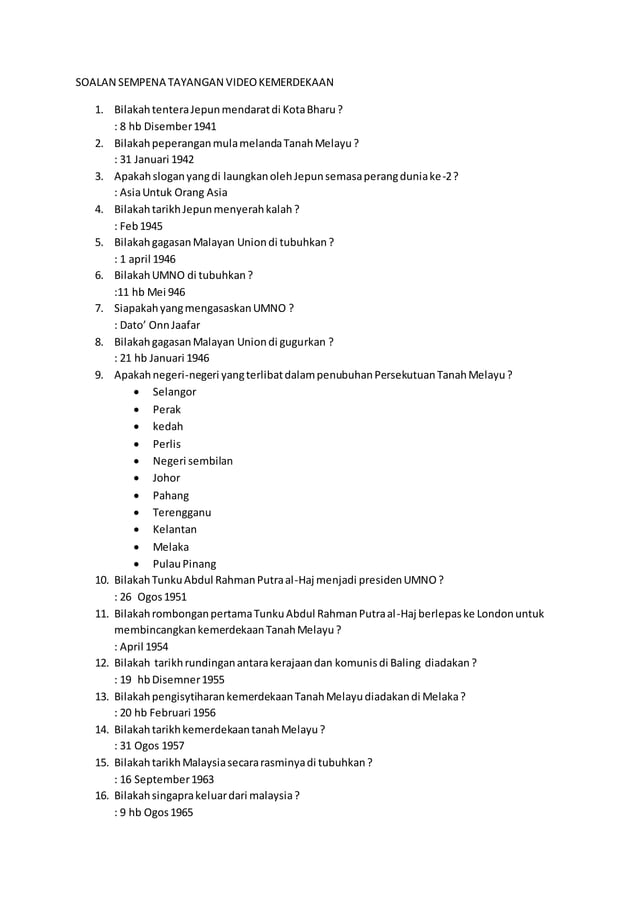 Soalan sempena tayangan video kemerdekaan | DOCX