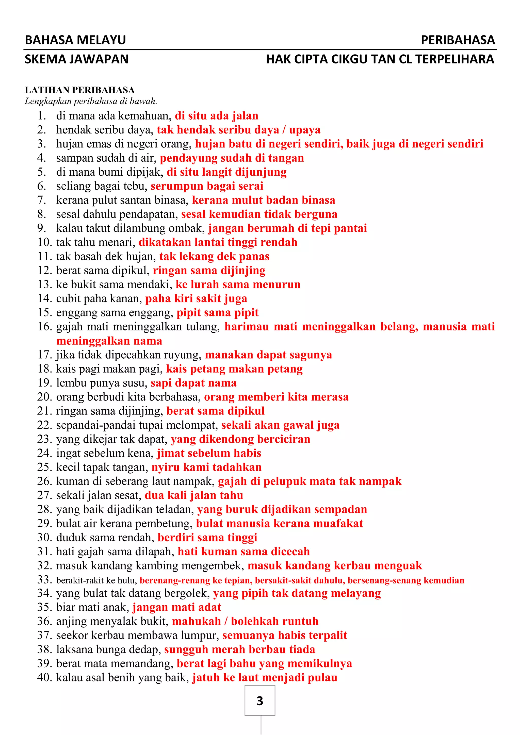 (Soalan + skema) latihan peribahasa (1) | PDF