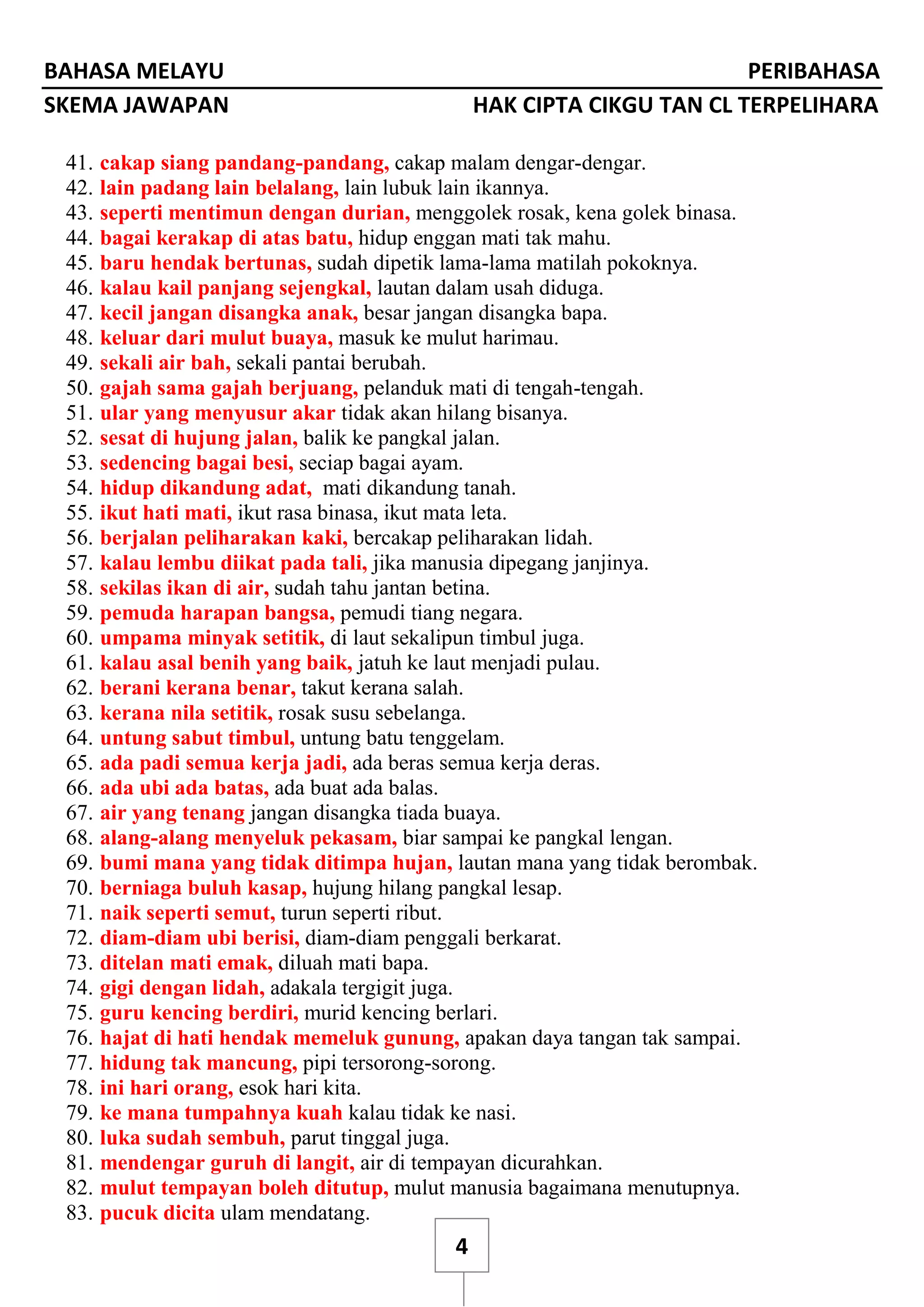 (Soalan + skema) latihan peribahasa (1) | PDF