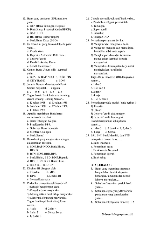 Soal a perbankan dasar kelas x akl | PDF