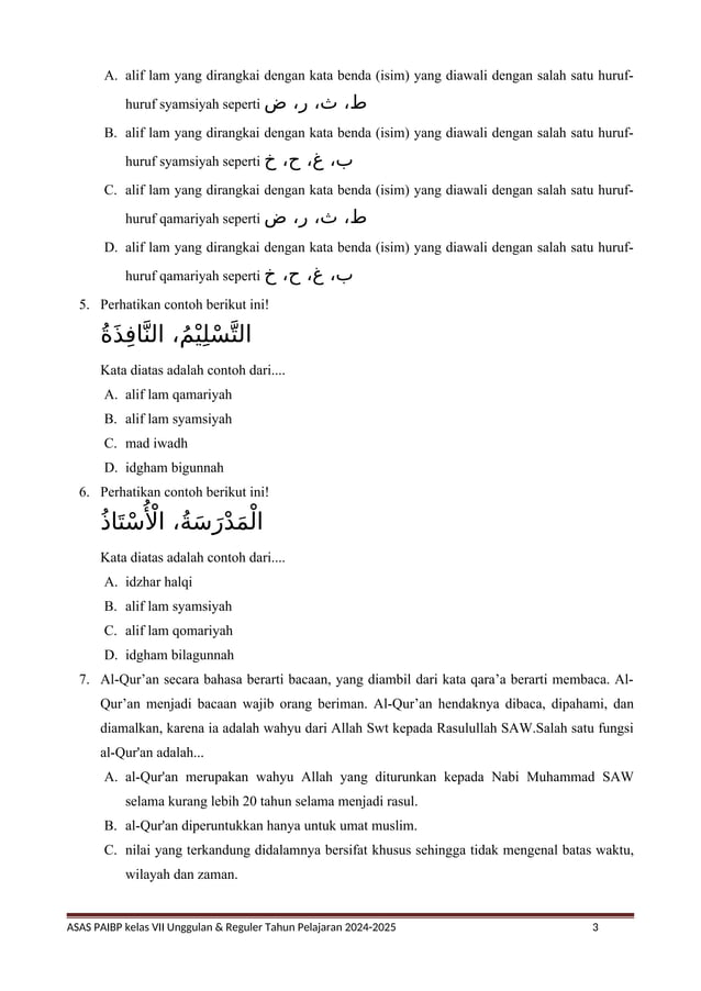 SOAL_ٍASAS_PAI_KELAS 7 SEMESTER 1 TAHUN AJAR 2022 | PDF