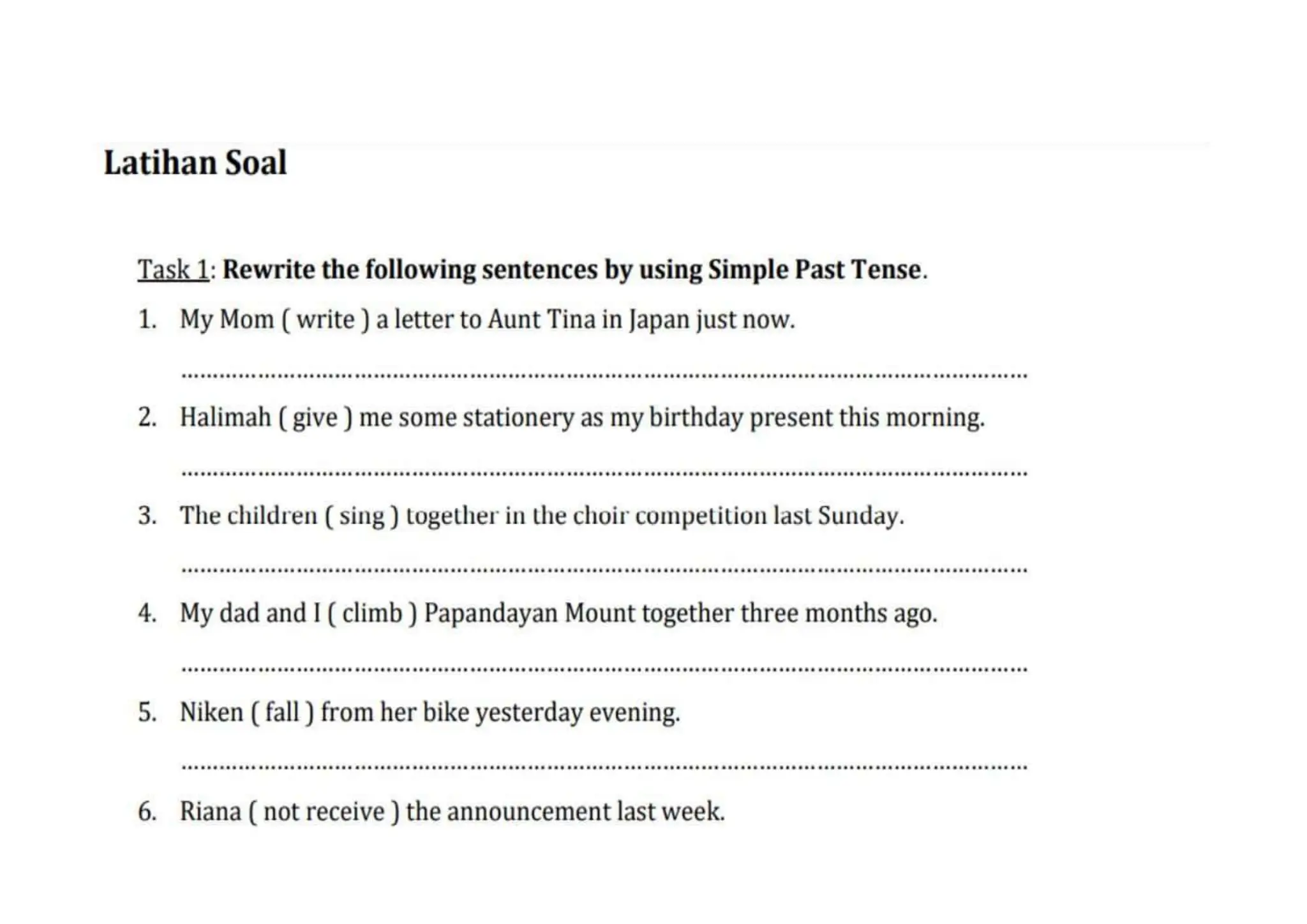 Soal Bahasa Inggris Simple past tense kelas 6 | DOCX
