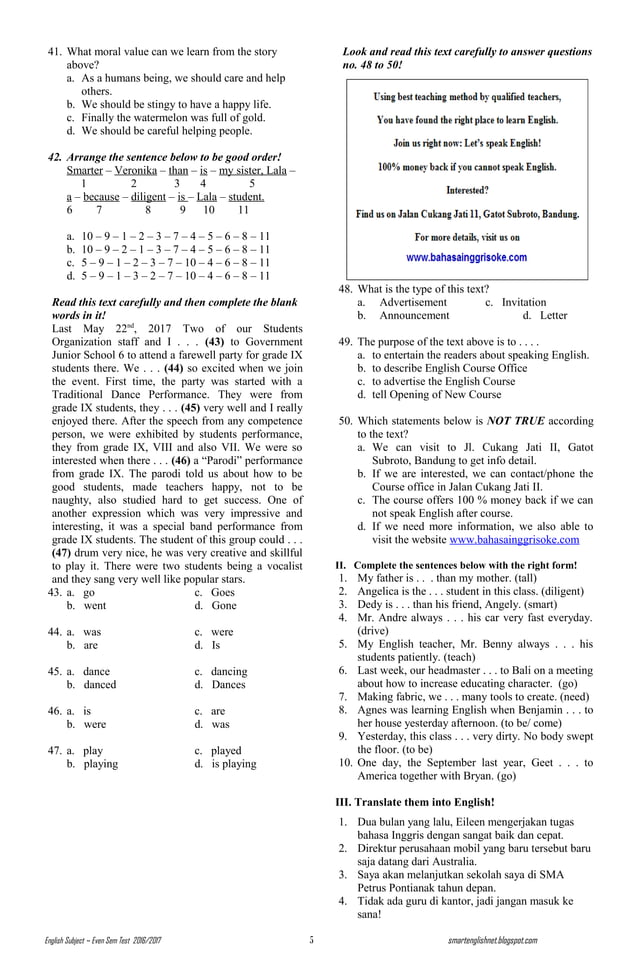 Soal Bahasa Inggris Genap VIII | DOC | First Aid | Injuries