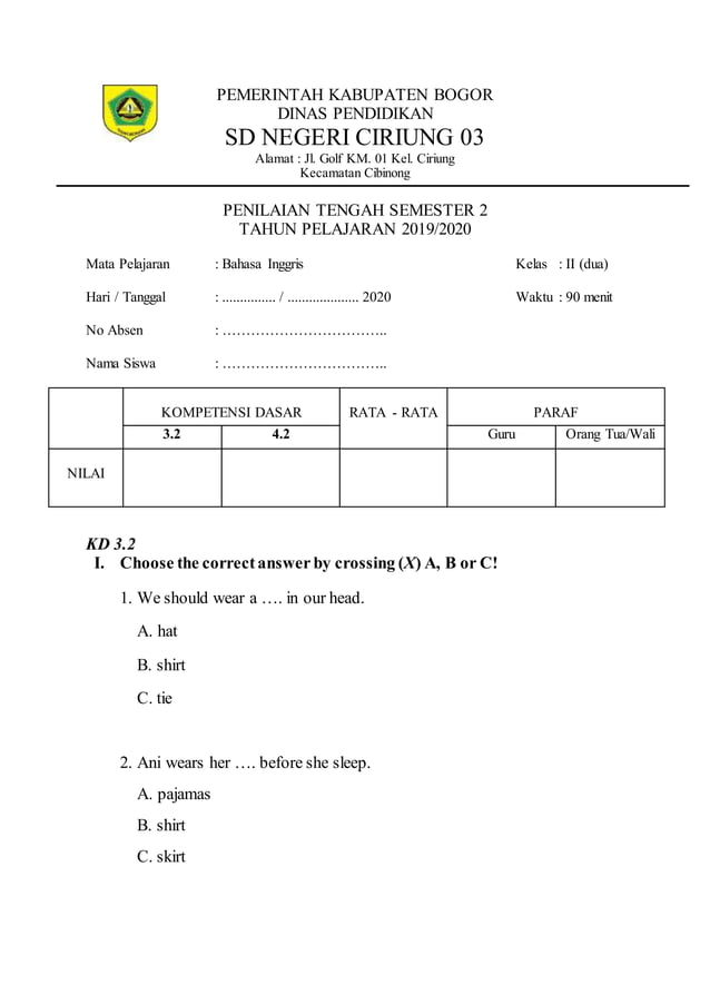 Soal bahasa inggris kelas 2 | DOCX