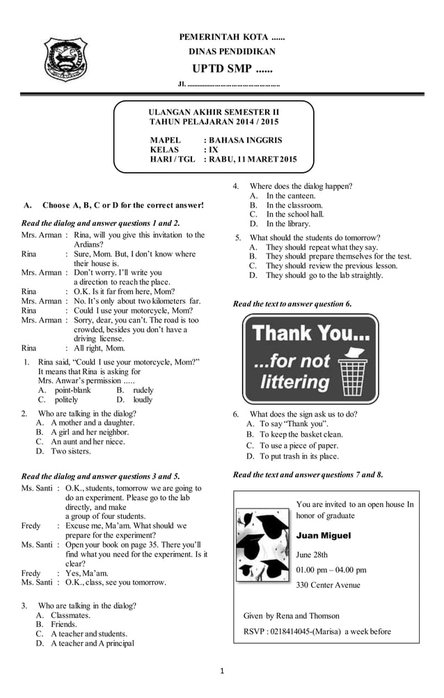 Soal bahasa inggris kelas 9 | DOCX