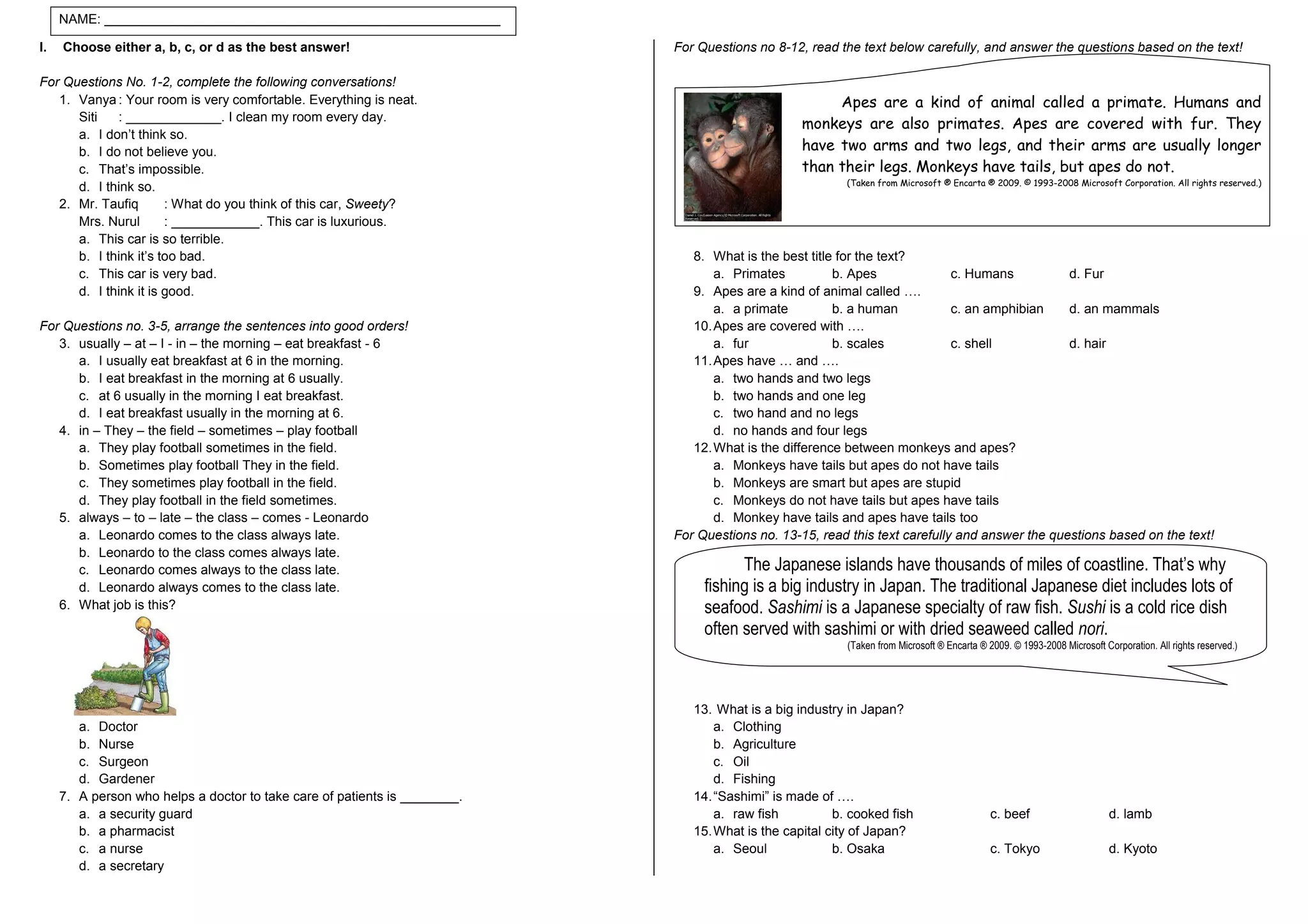 Soal Bahasa Inggris SMP MTs - Report Text and Jobs | PDF