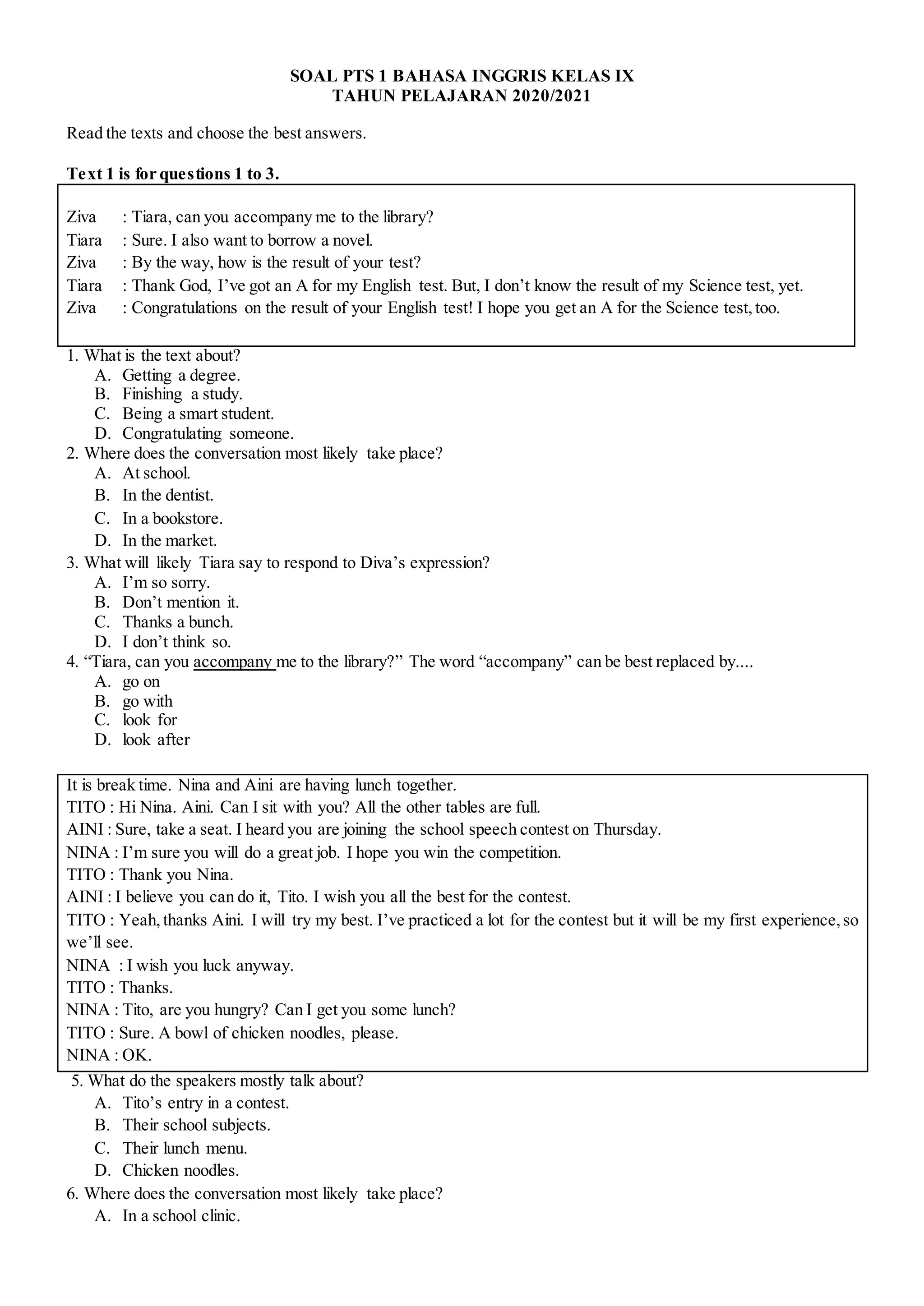 Soal PTS Bahasa Inggris Kelas IX Tahun 2020 | DOCX