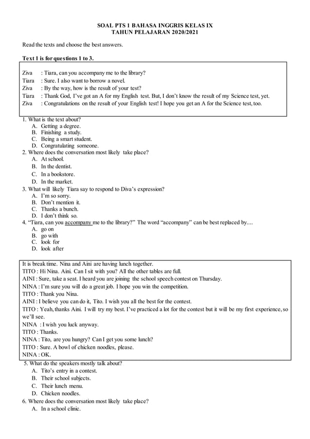 Soal PTS Bahasa Inggris Kelas IX Tahun 2020 | DOCX