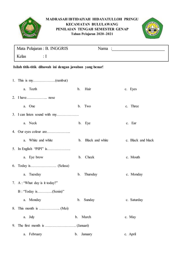 Soal bhs inggris kelas 1 | PDF