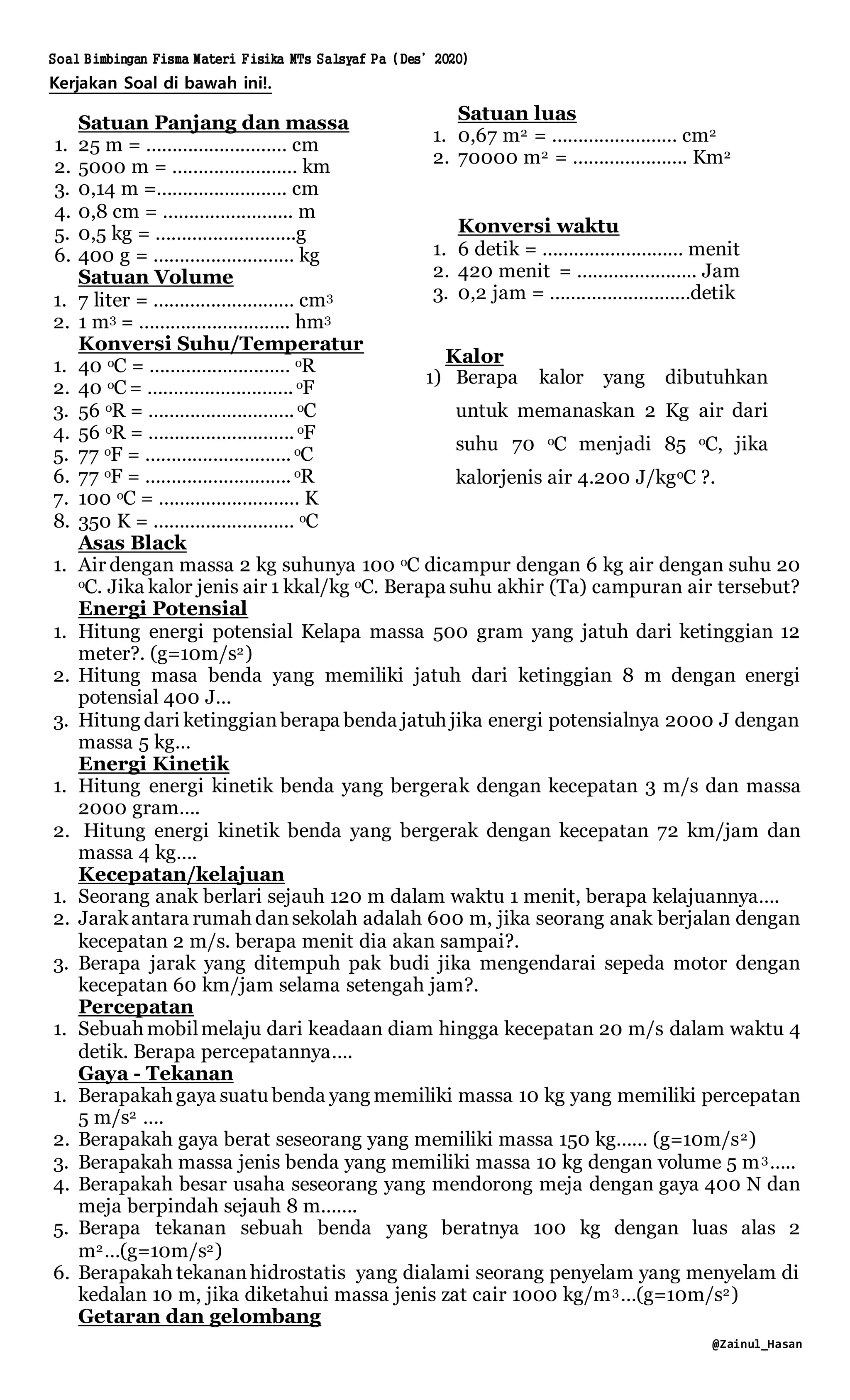 Soal bimbingan Fisika Olimpiade MTs Salafiyah Syafi'iyah Putra Sukorejo Des'2020 | PDF