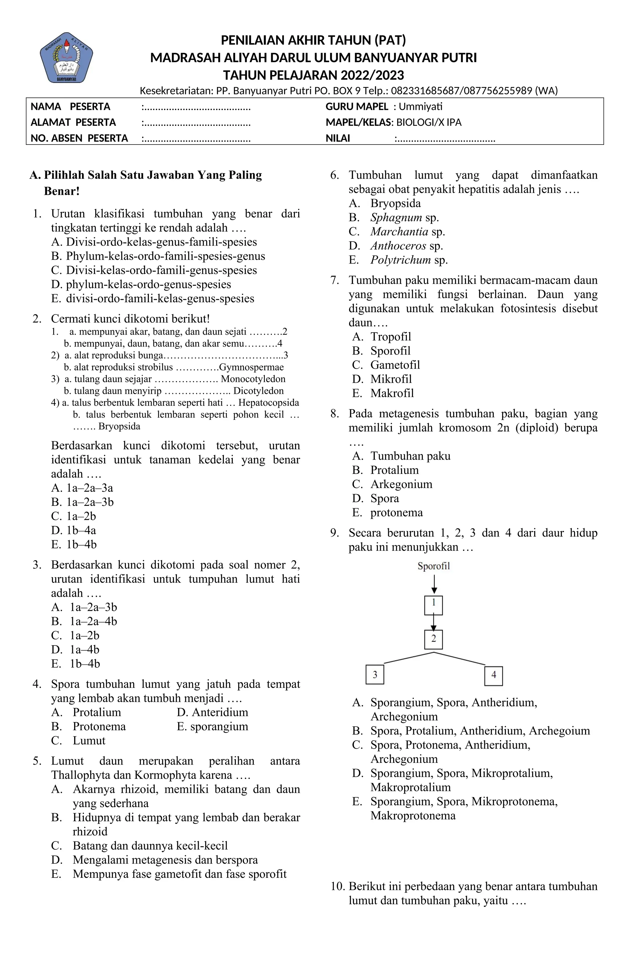 SOAL BIOLOGI SMA Fase E kelas 10 semester 2 | DOC