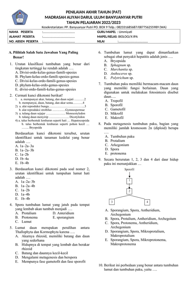 SOAL BIOLOGI SMA Fase E kelas 10 semester 2 | DOC