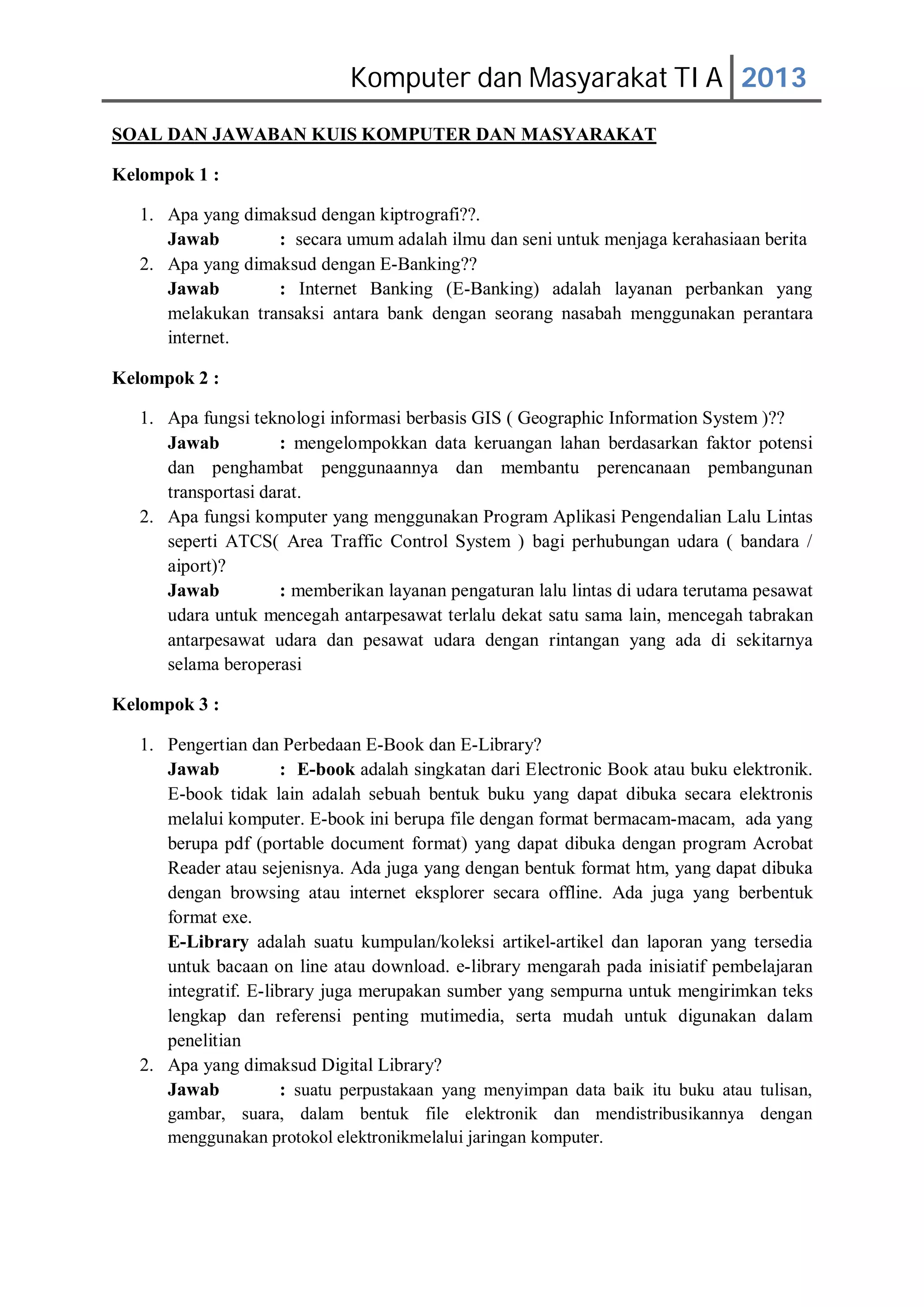 Soal dan jawaban kuis komputer dan masyarakat | PDF