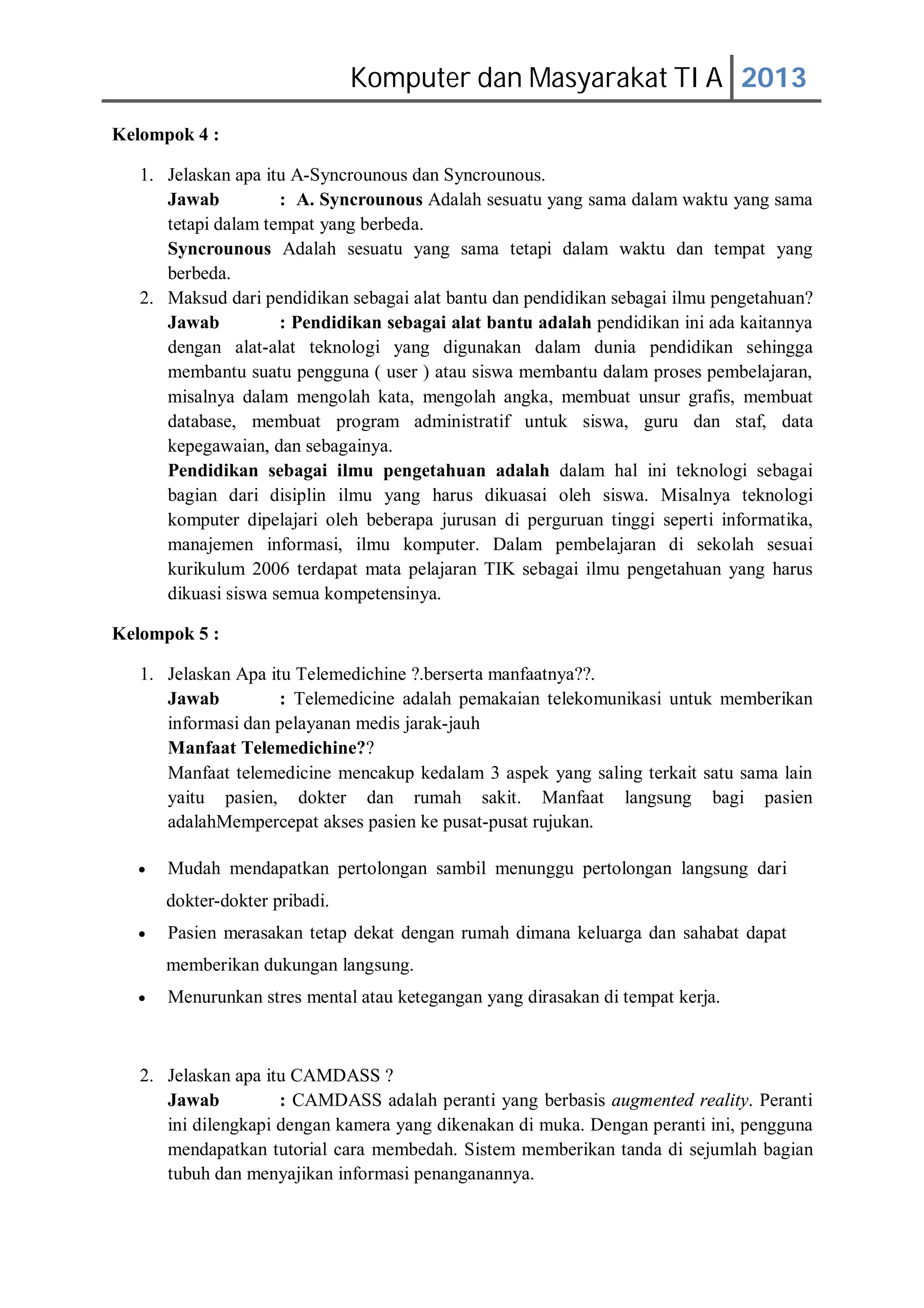 Soal dan jawaban kuis komputer dan masyarakat | PDF