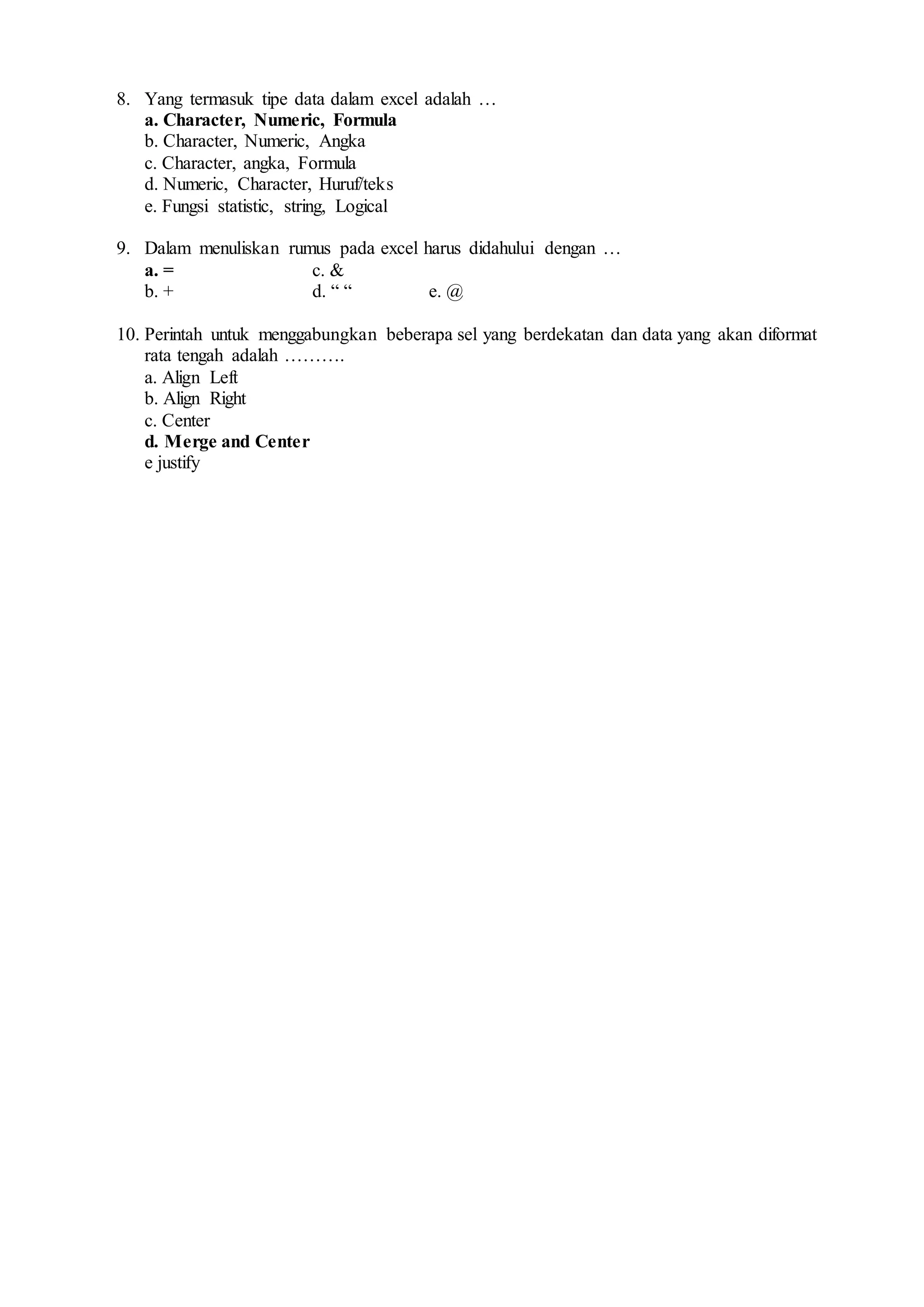 Soal dan kunci choise myob dan excel Kelas X XI XII | DOCX