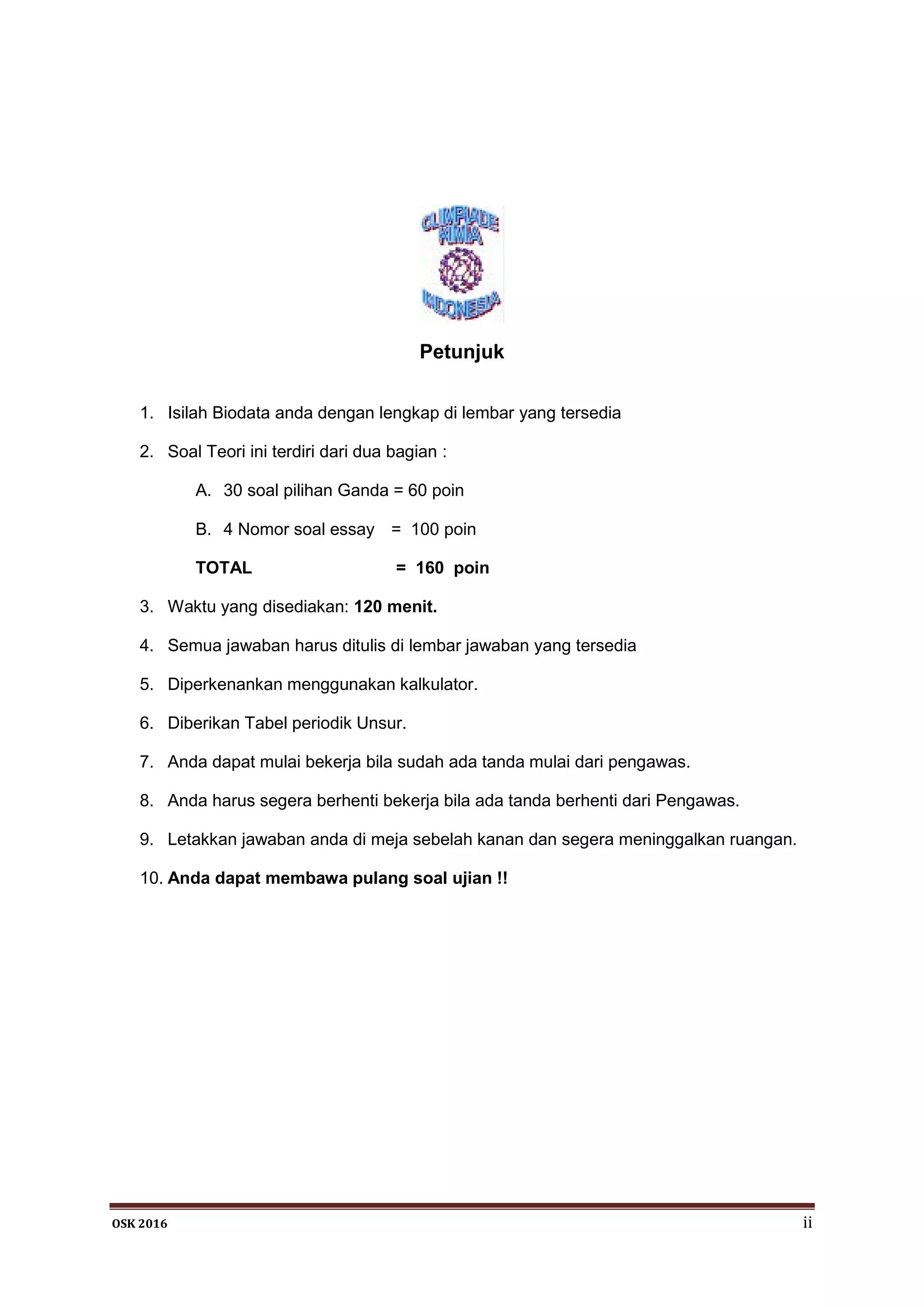 Soal dan kunci jawaban osk kimia 2016 | PDF