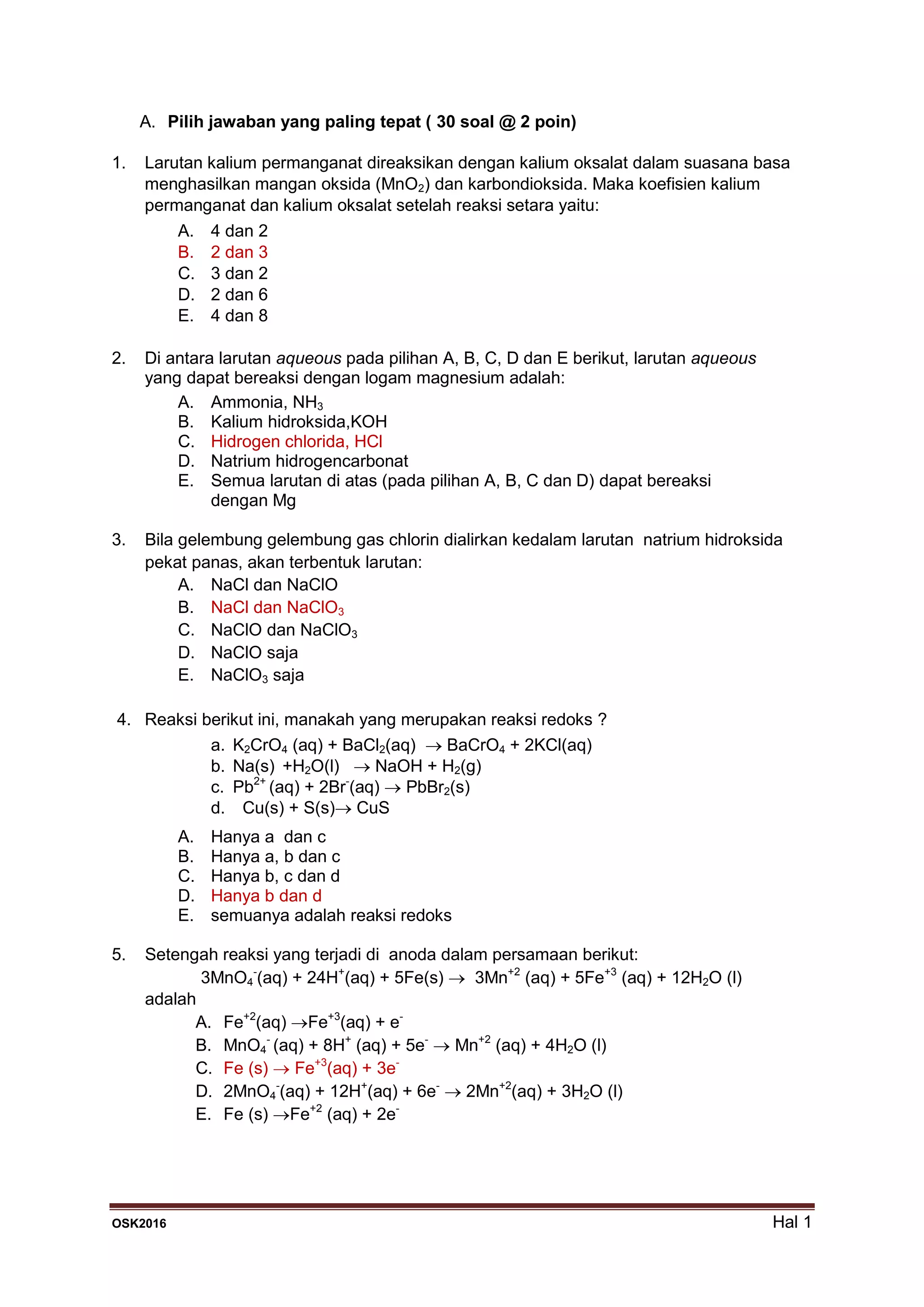 Soal dan kunci jawaban osk kimia 2016 | PDF