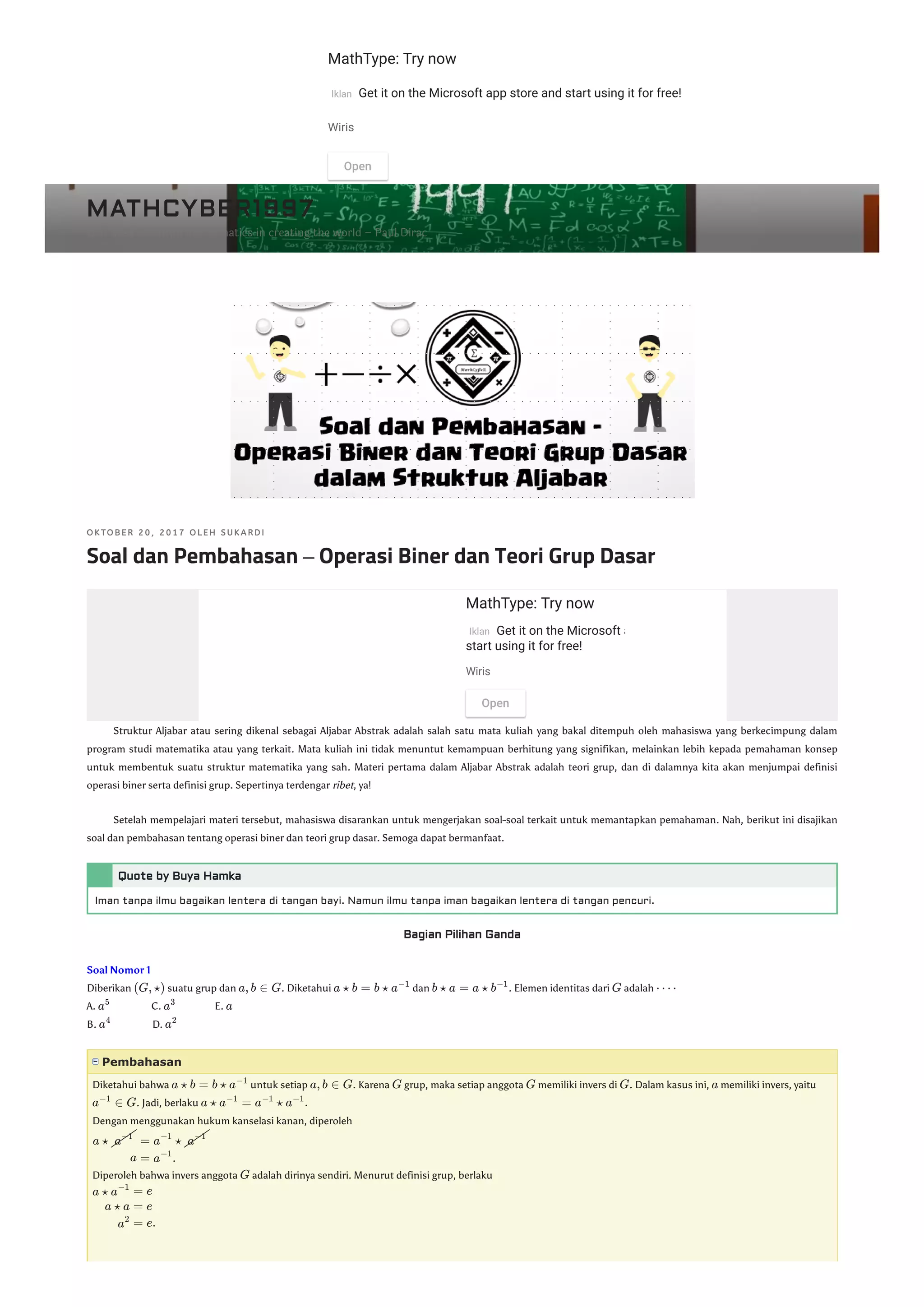 Soal dan pembahasan operasi biner dan teori grup dasar - mathcyber1997 | PDF