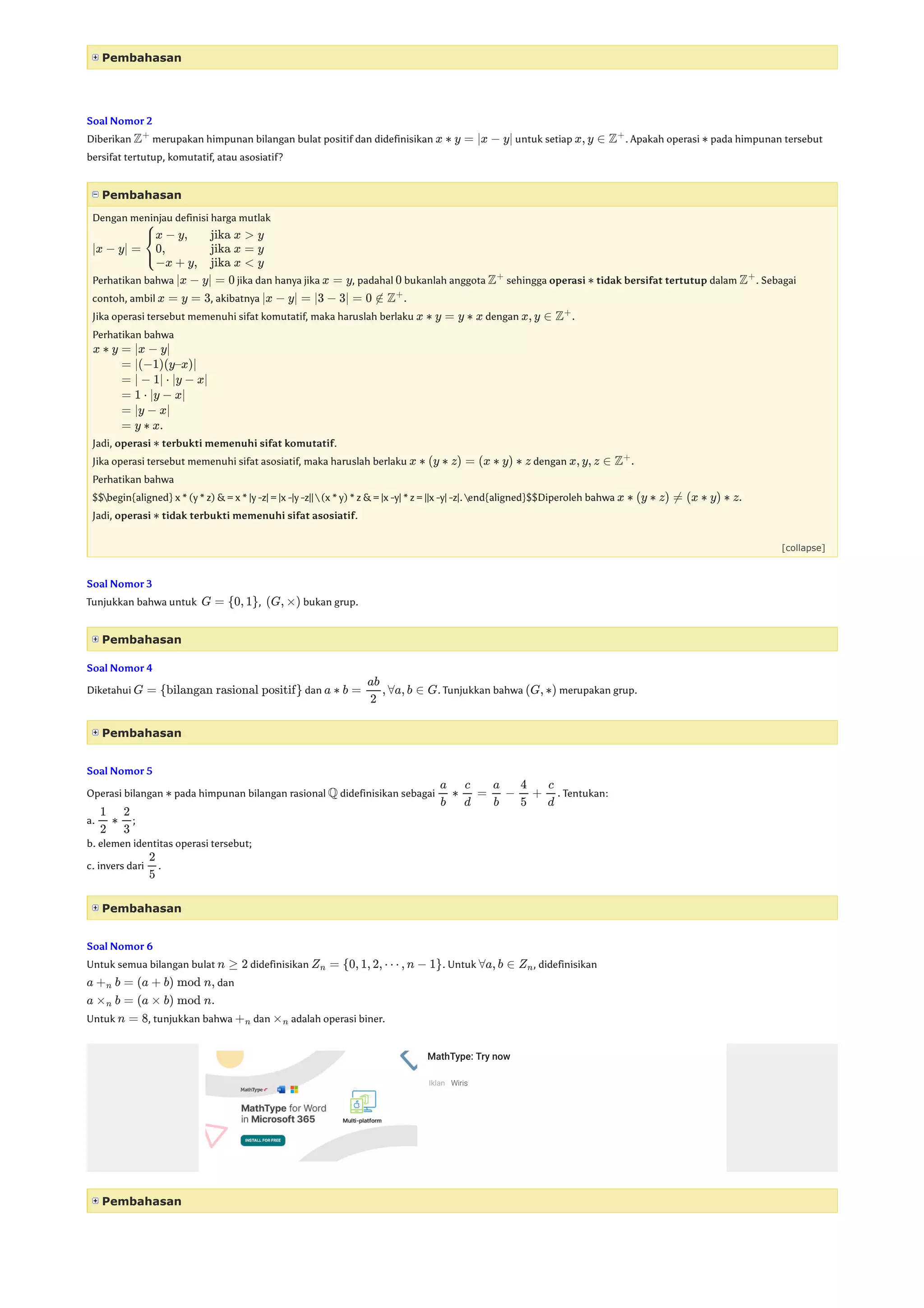 Soal dan pembahasan operasi biner dan teori grup dasar - mathcyber1997 ...
