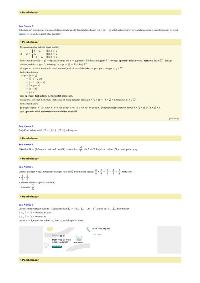 Soal dan pembahasan operasi biner dan teori grup dasar - mathcyber1997 | PDF