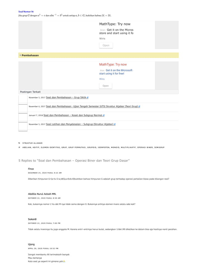 Soal dan pembahasan operasi biner dan teori grup dasar - mathcyber1997 | PDF