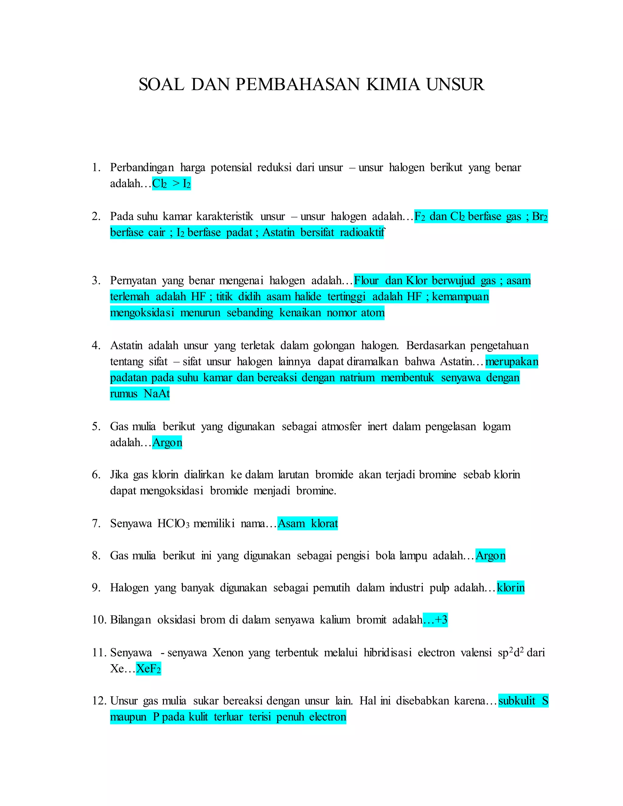 SOAL DAN PEMBAHASAN KIMIA UNSUR | DOCX