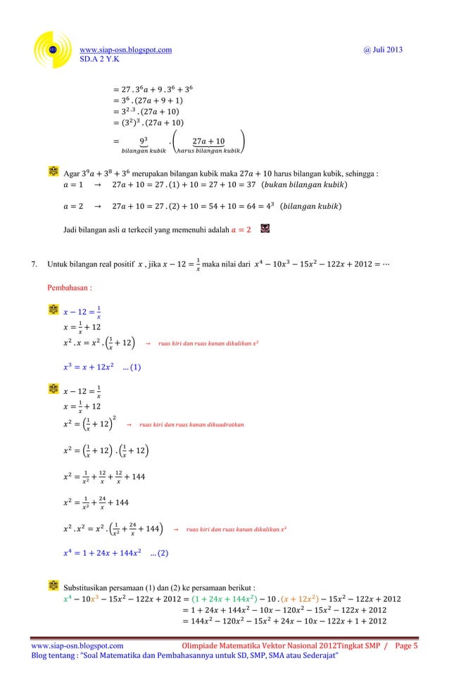 Soal dan pembahasan olimpiade matematika vektor nasional 2012 tingkat smp babak penyisihan ...