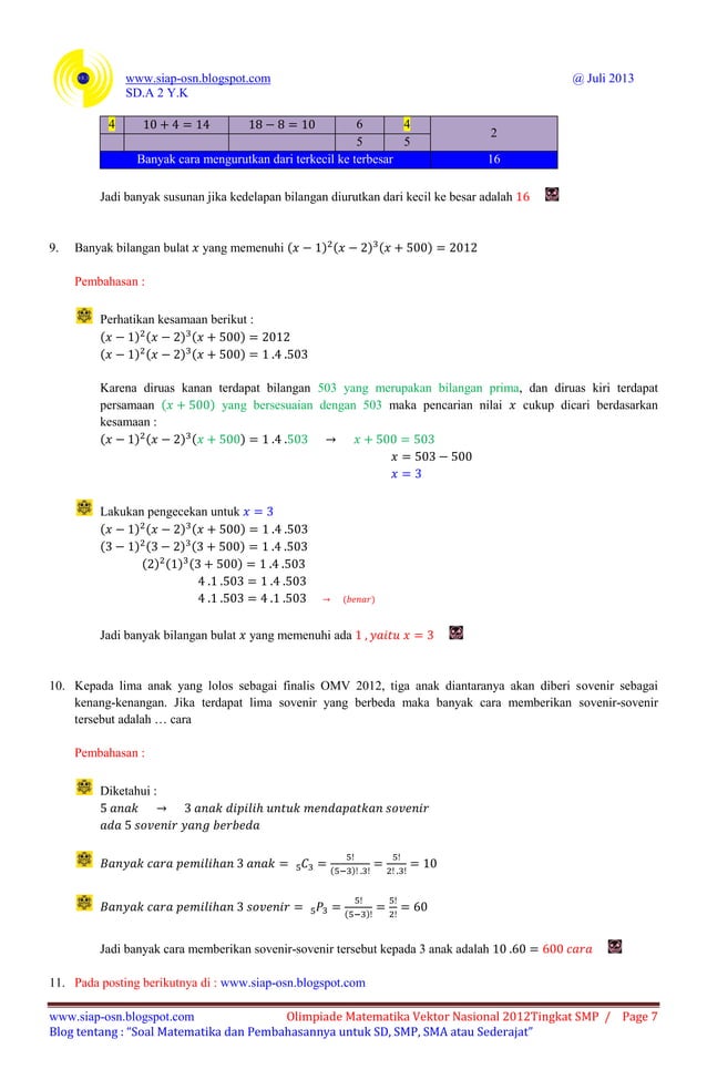 Soal dan pembahasan olimpiade matematika vektor nasional 2012 tingkat smp babak penyisihan ...