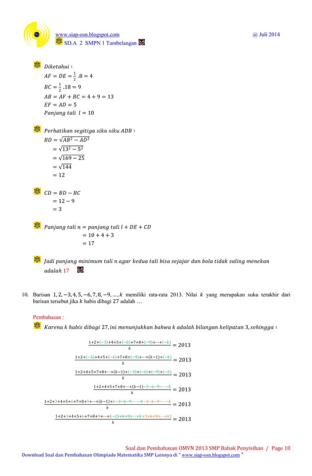 Soal dan pembahasan olimpiade matematika vektor nasional 2013 smp (omvn 2013) babak penyisihan ...