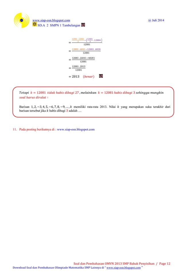 Soal dan pembahasan olimpiade matematika vektor nasional 2013 smp (omvn 2013) babak penyisihan ...