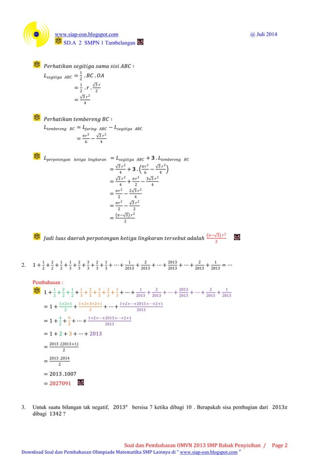 Soal dan pembahasan olimpiade matematika vektor nasional 2013 smp (omvn 2013) babak penyisihan ...