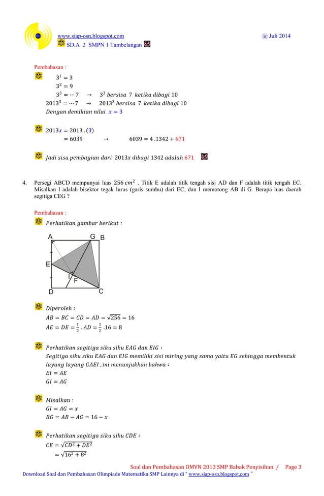 Soal dan pembahasan olimpiade matematika vektor nasional 2013 smp (omvn 2013) babak penyisihan ...