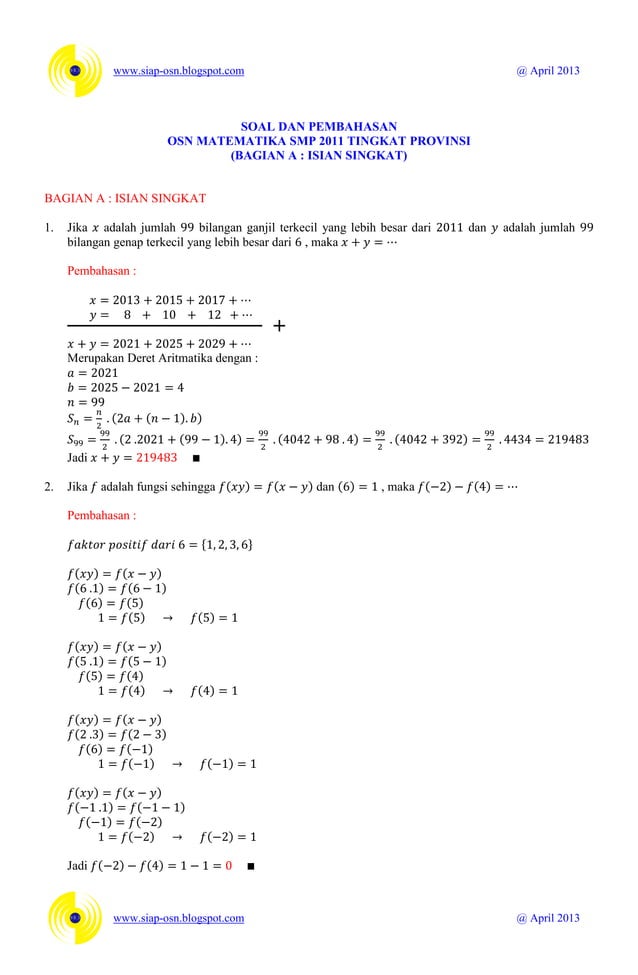 Soal dan pembahasan osn matematika 2011 bagian a isian singkat tingkat provinsi | PDF