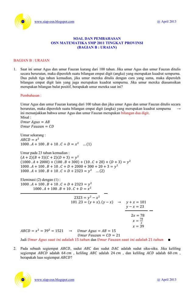 Soal dan pembahasan osn matematika 2011 bagian b uraian tingkat provinsi | PDF