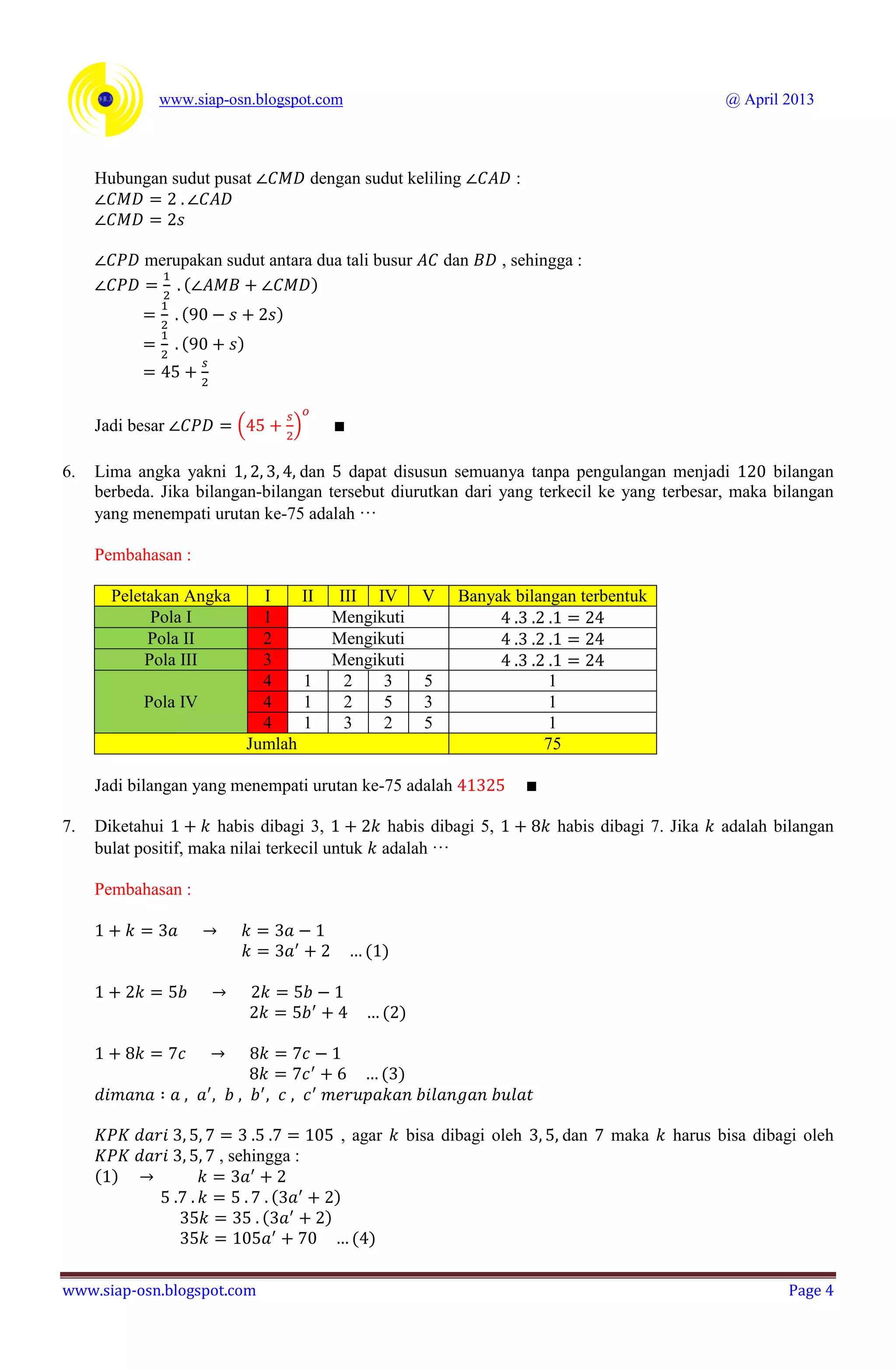 Soal dan pembahasan osn matematika 2012 bagian a isian singkat tingkat provinsi | PDF