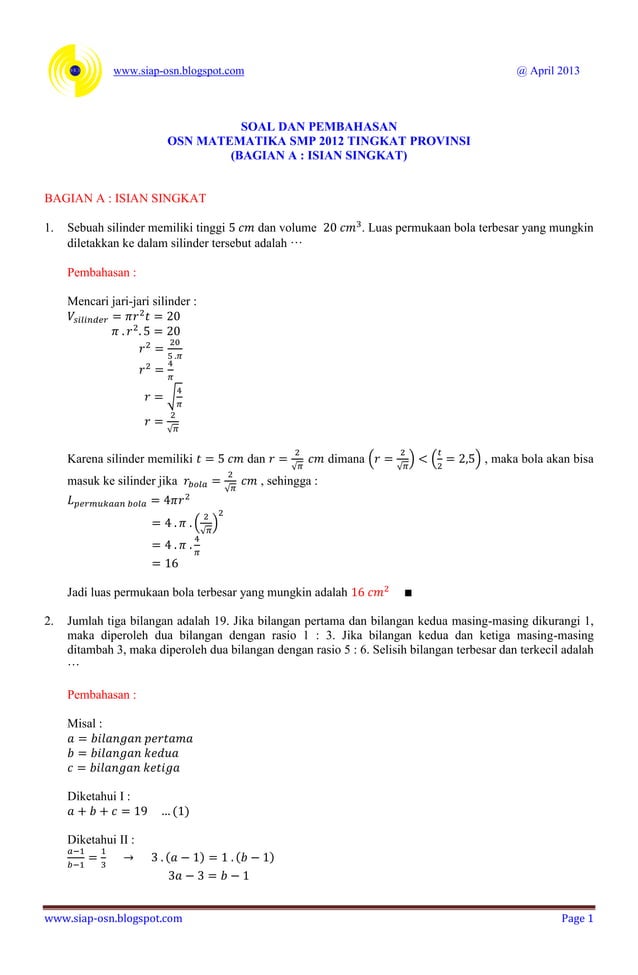 Soal dan pembahasan osn matematika 2012 bagian a isian singkat tingkat provinsi | PDF