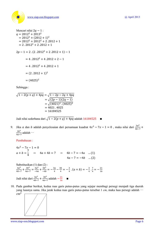 Soal dan pembahasan osn matematika 2012 bagian a isian singkat tingkat provinsi | PDF