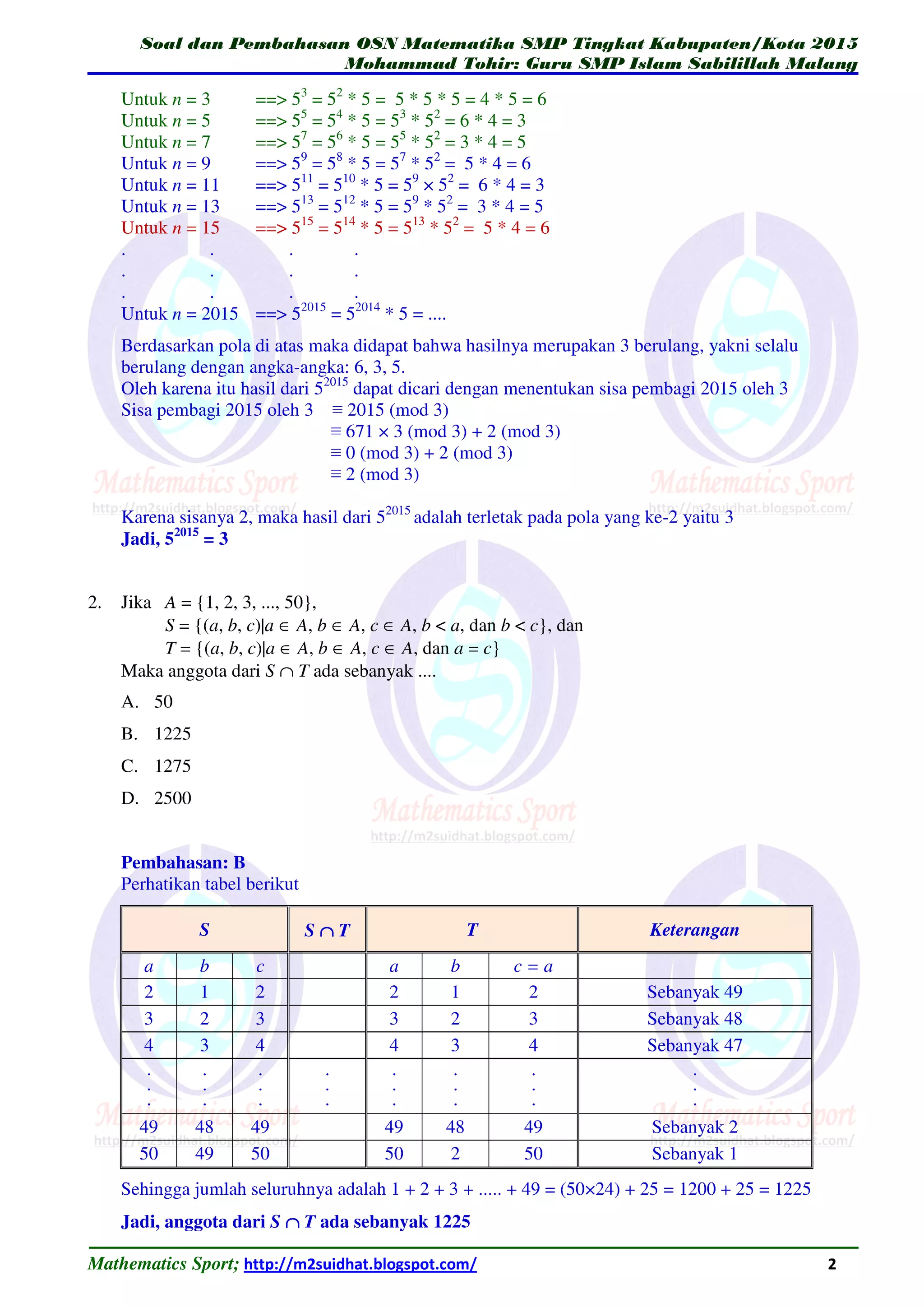 Soal dan pembahasan osn matematika smp tingkat kota 2015 [bagian a] (m2suidhat.blogspot.com) | PDF