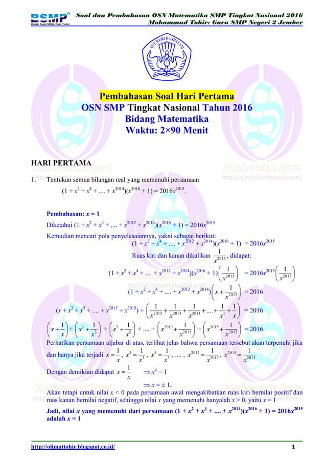 Soal dan pembahasan osn matematika smp tingkat nasional 2016 (hari pertama) | PDF